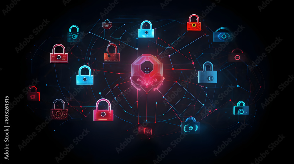 Illustration Stock Cybersecurity Network with Red and Blue Lock Icons ...