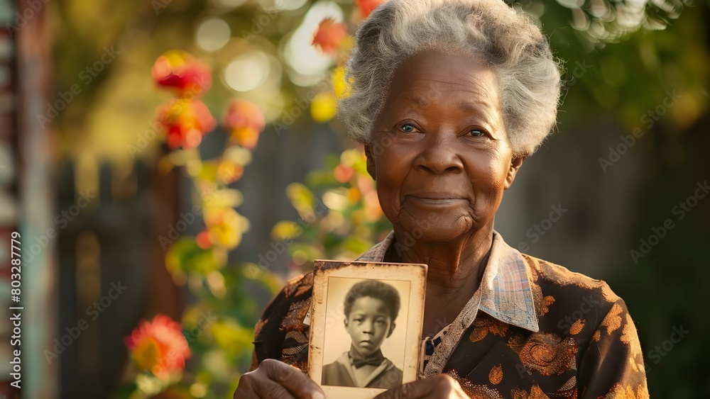 Stock-Foto „Elderly African American woman displaying old photo of her ...