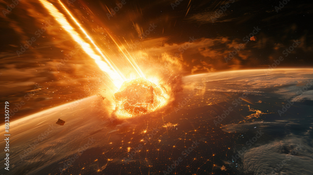 Huge meteorite impacting Earth, causing global disaster and extinction Stock Illustration ...