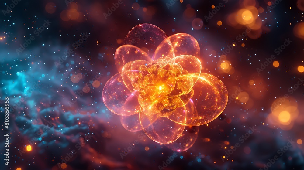 Illustrate atomic orbitals as vibrant light shows, with electrons tracing luminous paths around ...