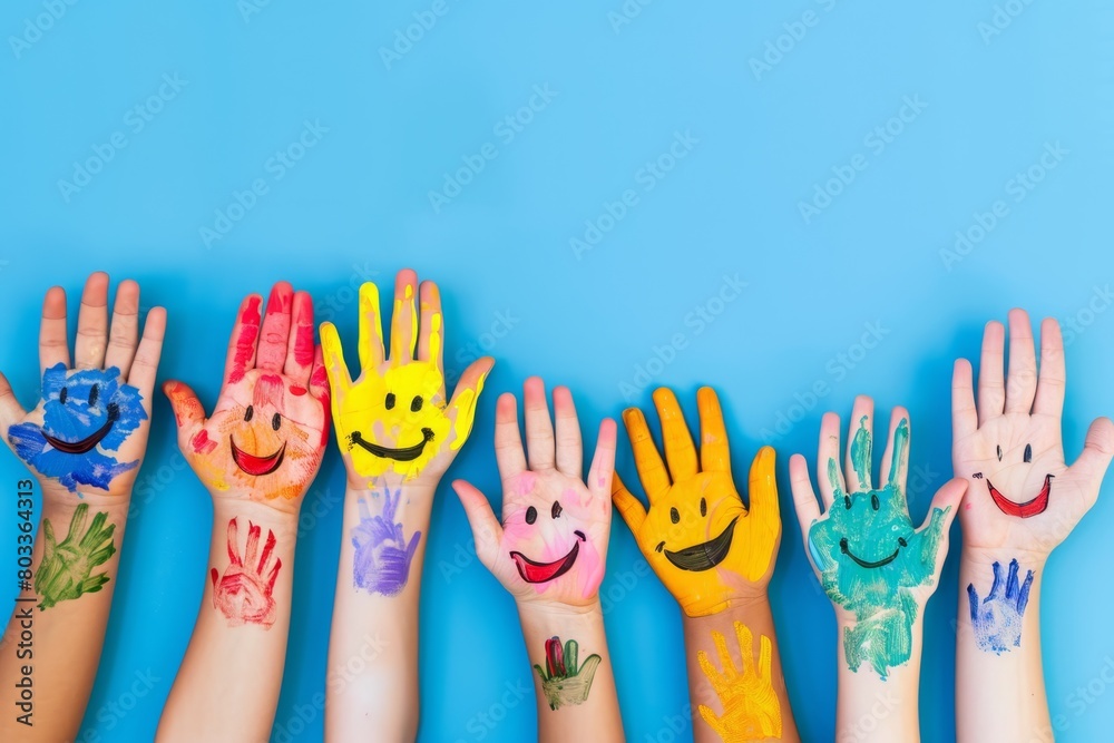 many colorful smiling hands with happy faces painted on their palms in ...