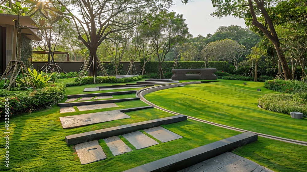 Lawn landscape with curved walkways grass surface architecture ...