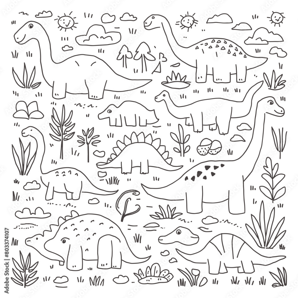 coloring book page illustration of a dinosaur landscape with different ...