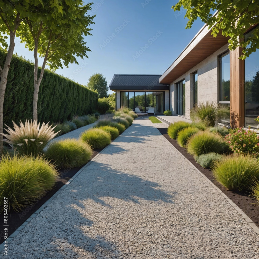 Aménagement d'un jardin minéral devant la maison moderne, avec bordure ...