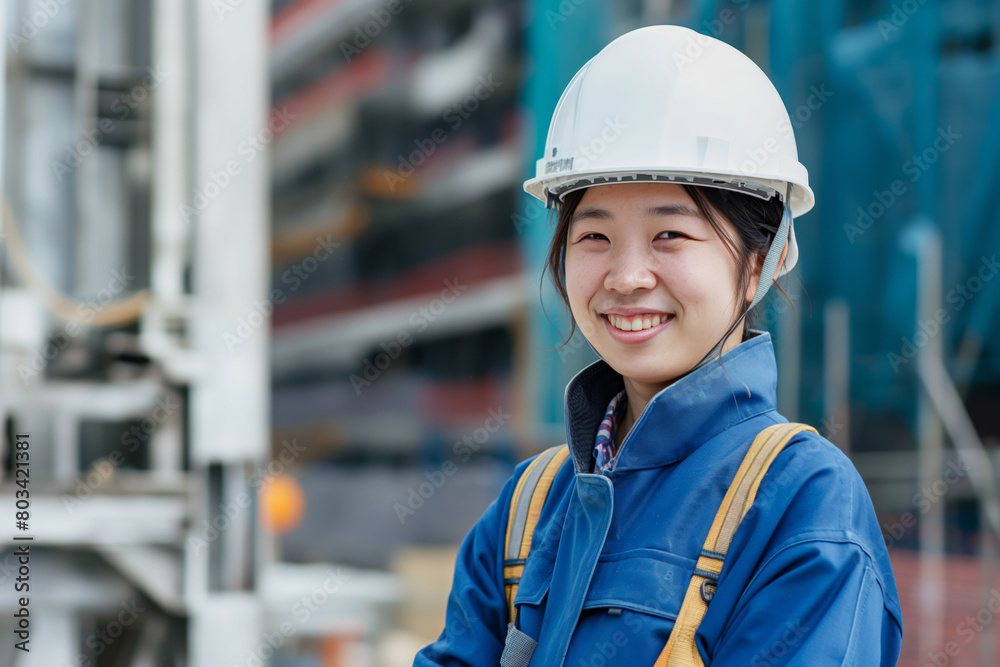 Young asian female engineer wearing a hard hat and reflective vest ...