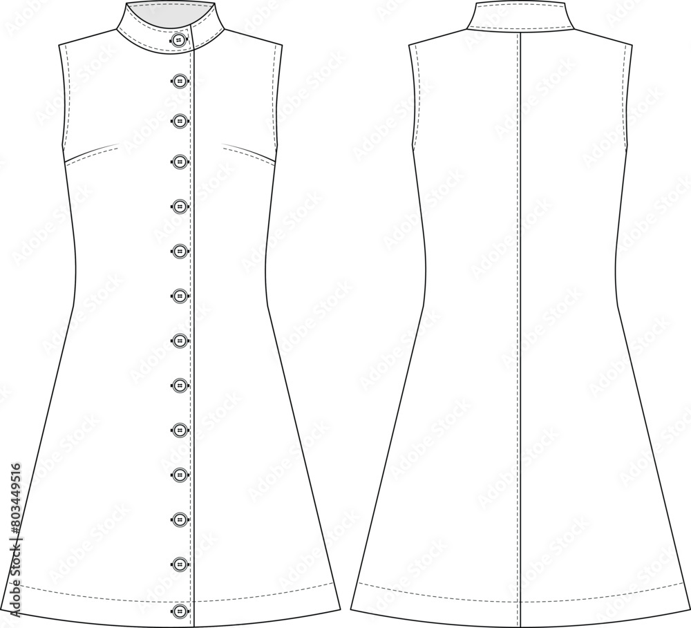 sleeveless high neck turtleneck band collared buttoned darted a-line ...