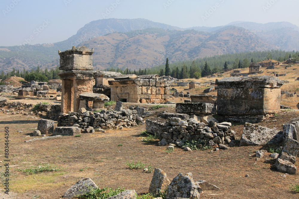Ruins of ancient Greek city Hierapolis near Pamukkale, Turkey. Unesco ...