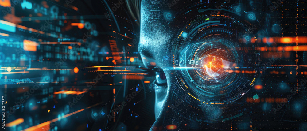 Hacker eyes on digital data background, banner with abstract network ...