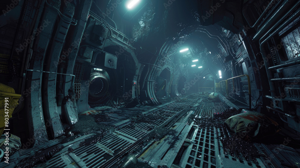 Creepy dark interior of alien space base or spaceship, scary gloomy ...