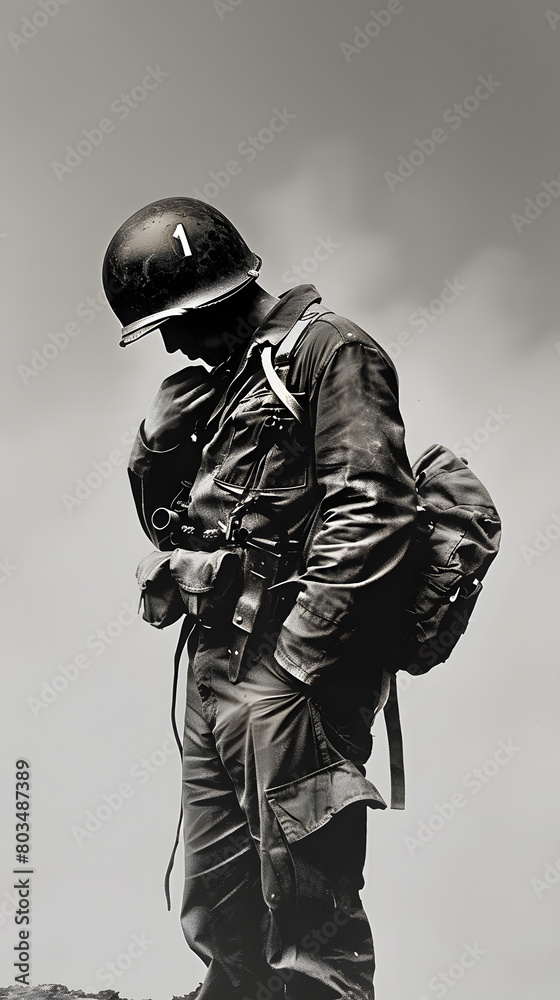 lone WWII soldier standing with head tilted down, hand touching helmet ...