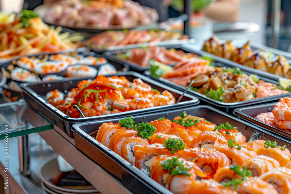 Food - Japanese Assorted Sushi and Sashimi displayed in catering area ...
