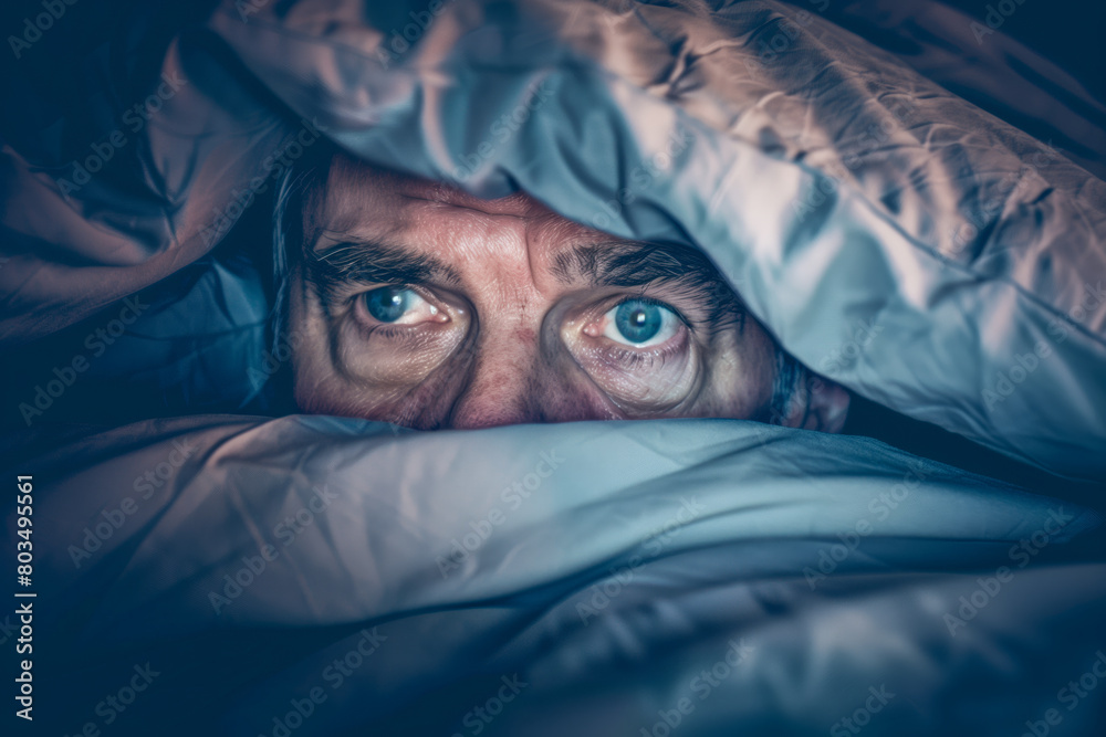 Man had a terrible nightmare, he woke up and looked scared with big ...