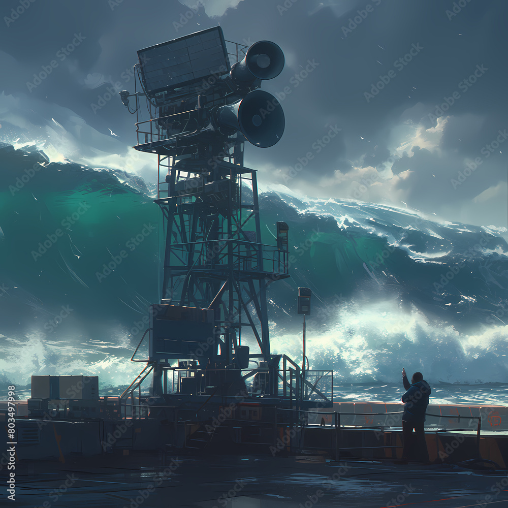 A powerful wave threatens a coastal structure as a warning system ...
