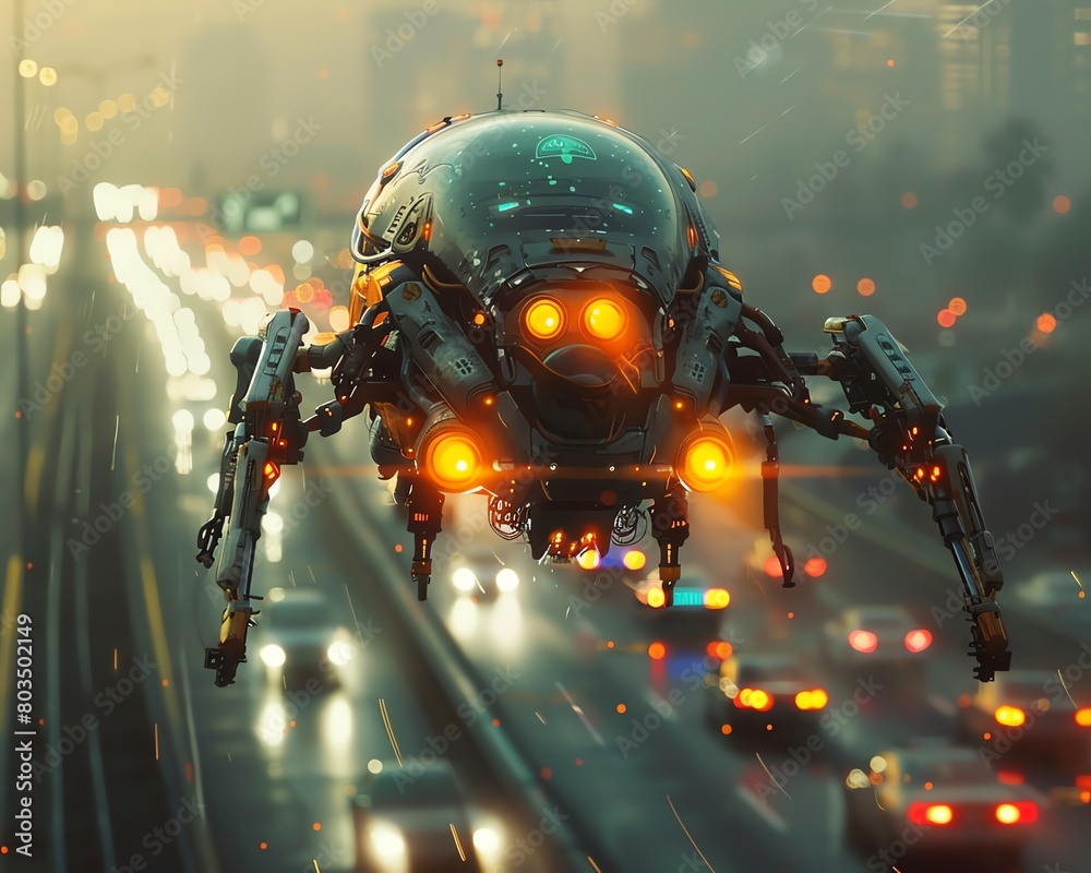 A spider-like robot flies over a busy highway at night. The robot has ...