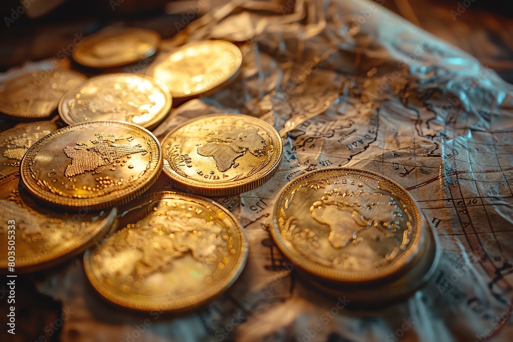 Vintage coins spread on an ancient map, dimly lit, treasure and history ...