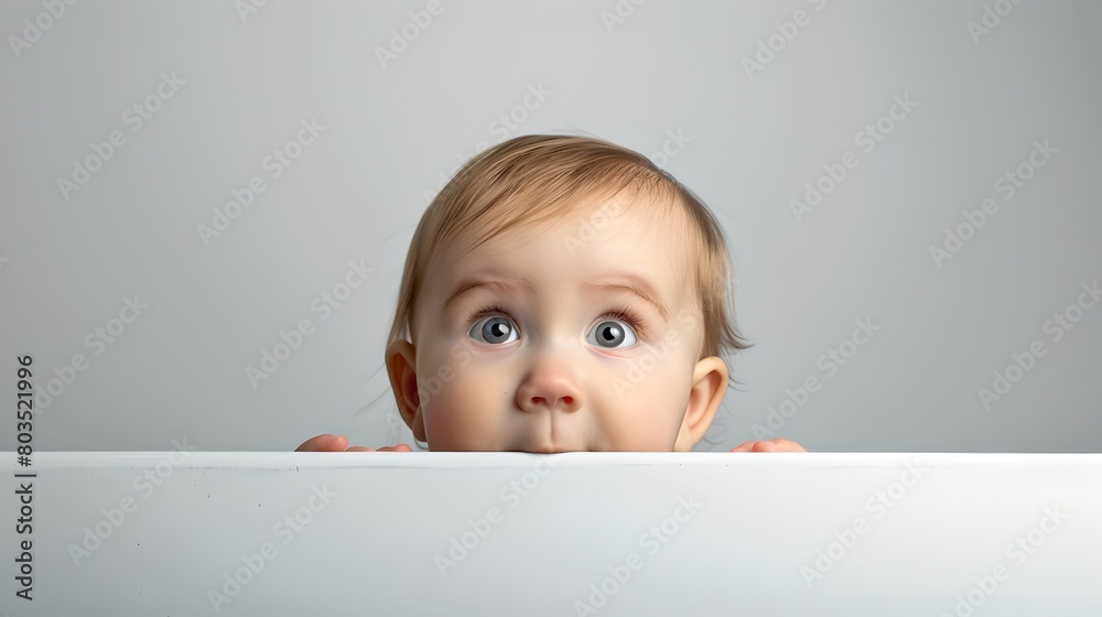 Curious baby peeking over edge, simple portrait shot. Expression of ...