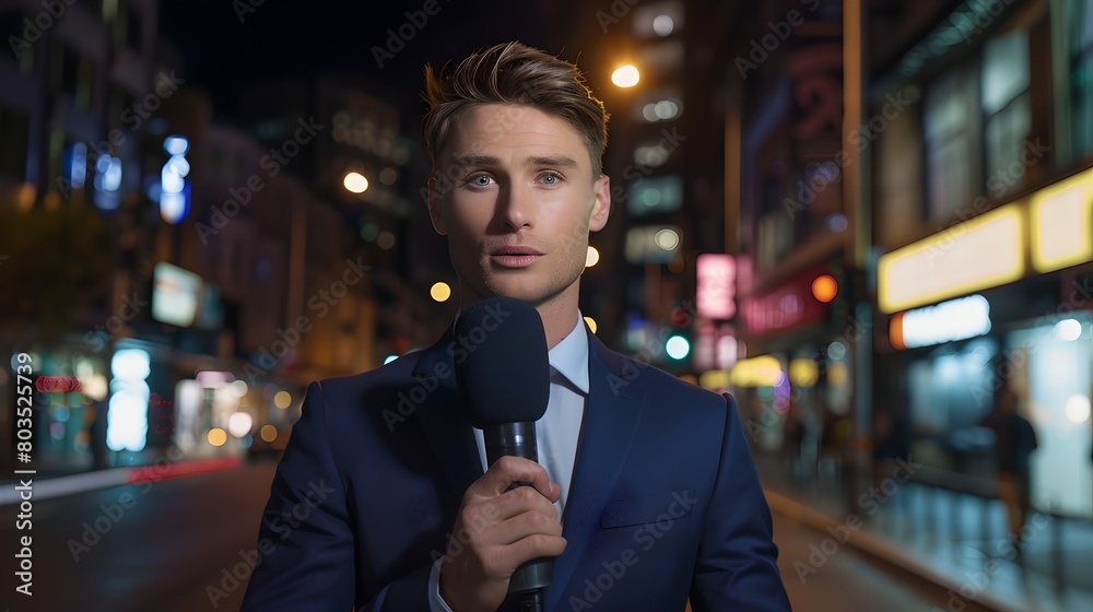 Young male reporter conducting a nighttime interview on a city street ...
