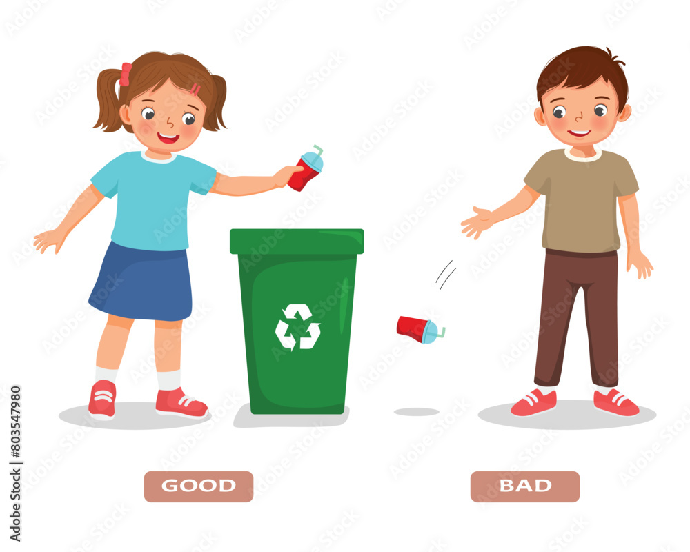 Opposite words good and bad illustration of little kids throwing ...