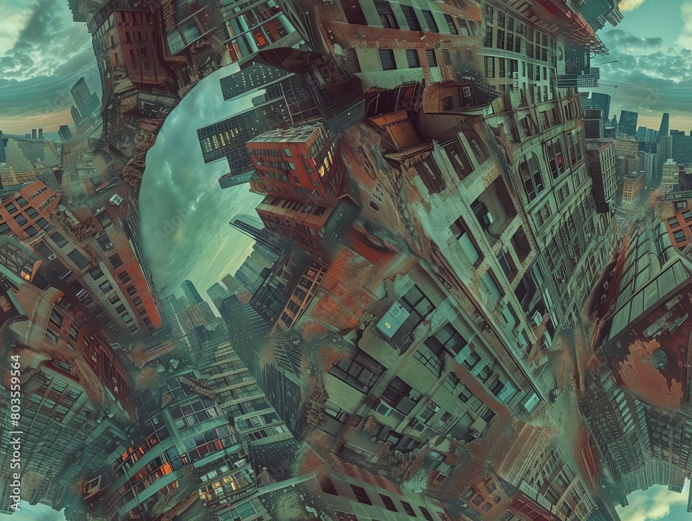 Craft a daring dystopian cityscape with towering, dilapidated ...