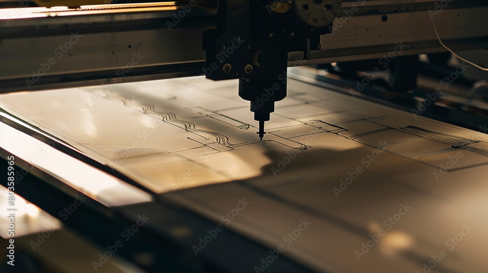 Cutting machine trimming a large poster, close-up, detailed blade and ...