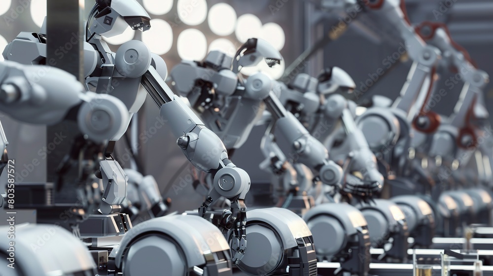 Assembly line robots manufacturing cars, close-up, synchronized ...