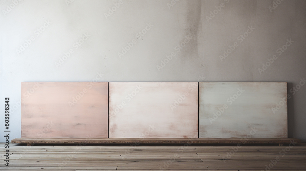 imagine A minimalist tableau of empty wooden boards in muted pastel ...