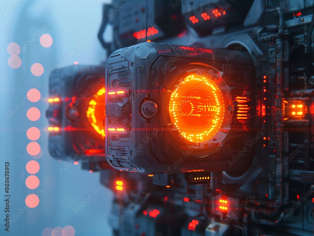 Capture a haunting close-up of futuristic technology, blending horror ...