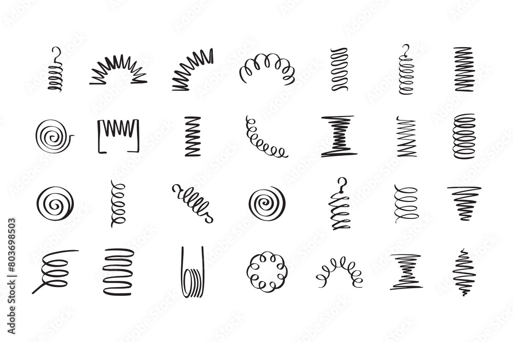 Drawing spiral set. Hand drawn Metal coil spiral icons. Doodle flexible ...