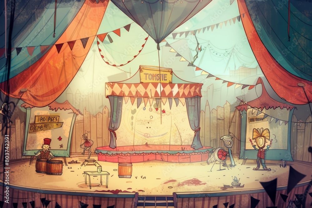Cartoon cute doodles of an abandoned circus, with faded posters and ...
