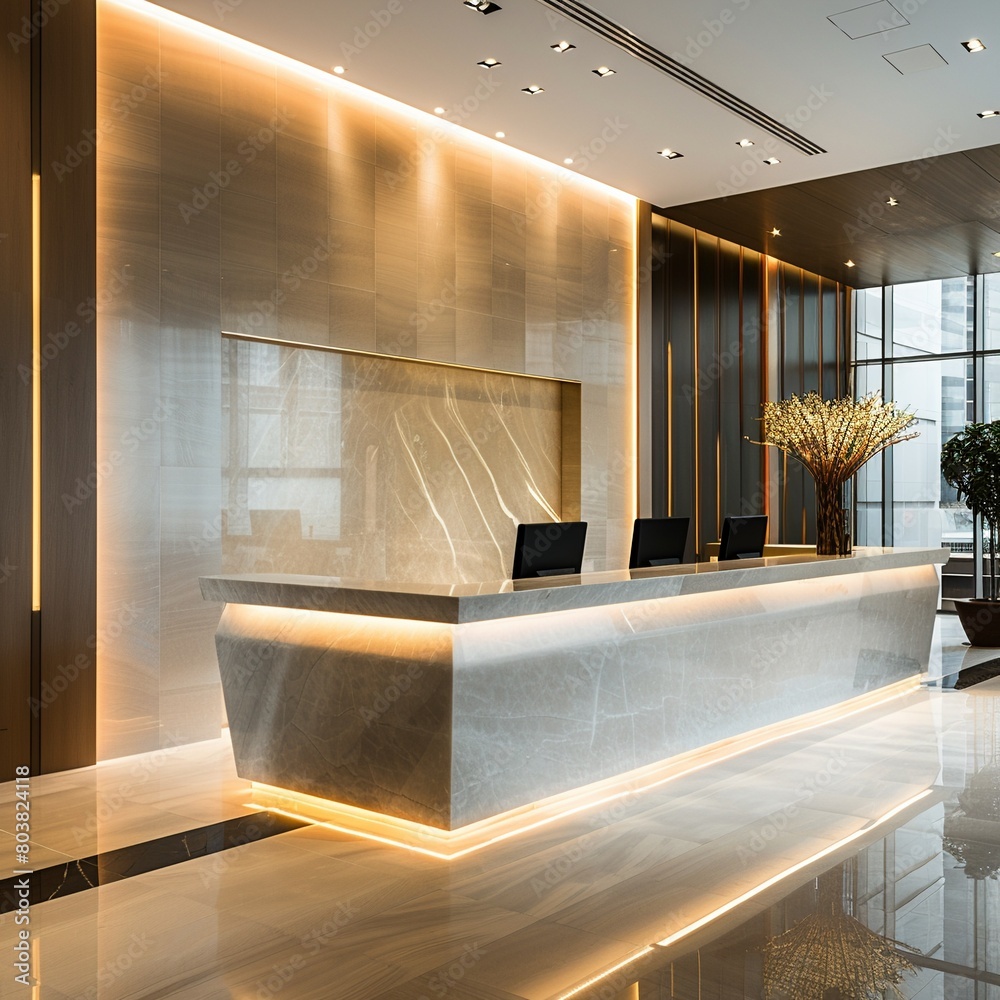 Sophisticated interior design in a modern office lobby with a luxurious ...