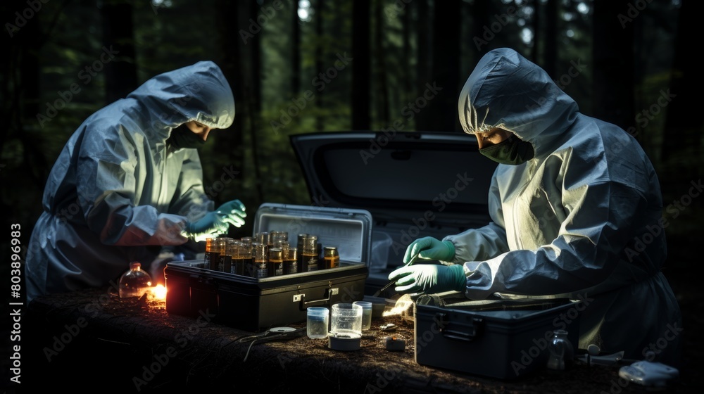 Gang violence crime scene forensics gather evidence, empty handgun ...