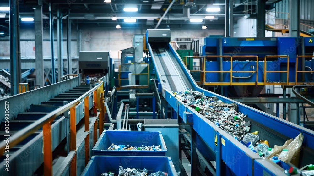 The garbage sorting plant has many different conveyors and conveyor ...