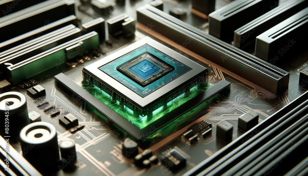 Intense close-up image of an advanced artificial intelligence processor ...