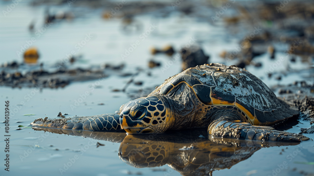 turtle dead killed from polluted water in lake pond, global warming ...