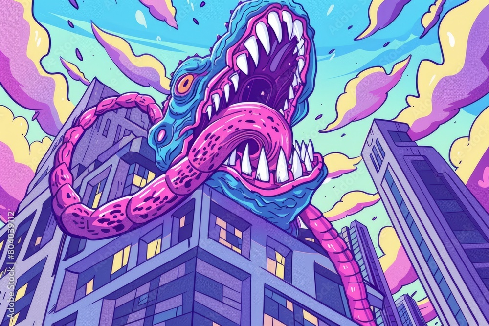 Cartoon cute doodles of a kaiju getting tangled in its own long tongue ...