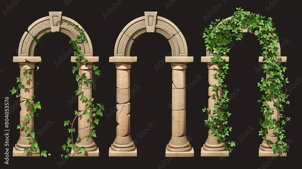 Arches with stone columns and ivy vines isolated on black background in ...