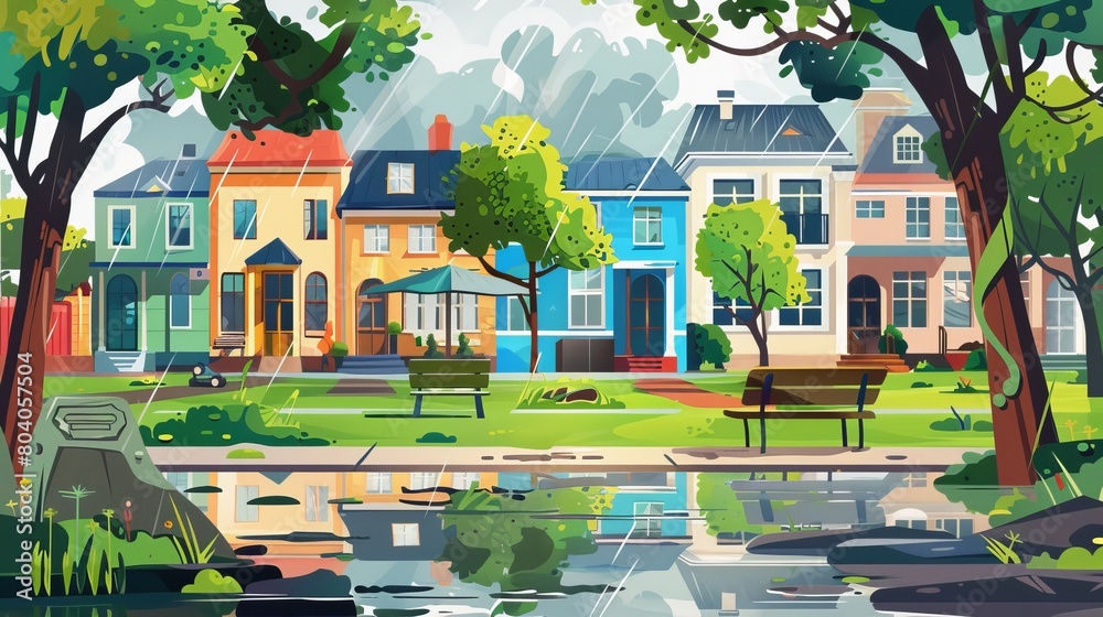 Imaginative modern panoramic illustration of a green city district full ...