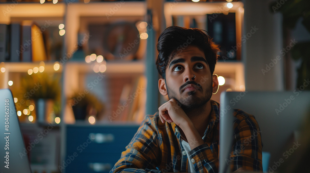 Distracted from work pensive young Indian man looking in distance ...