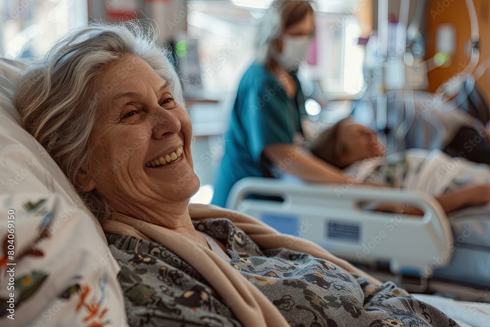 An older woman is lying down in a hospital bed, surrounded by medical ...