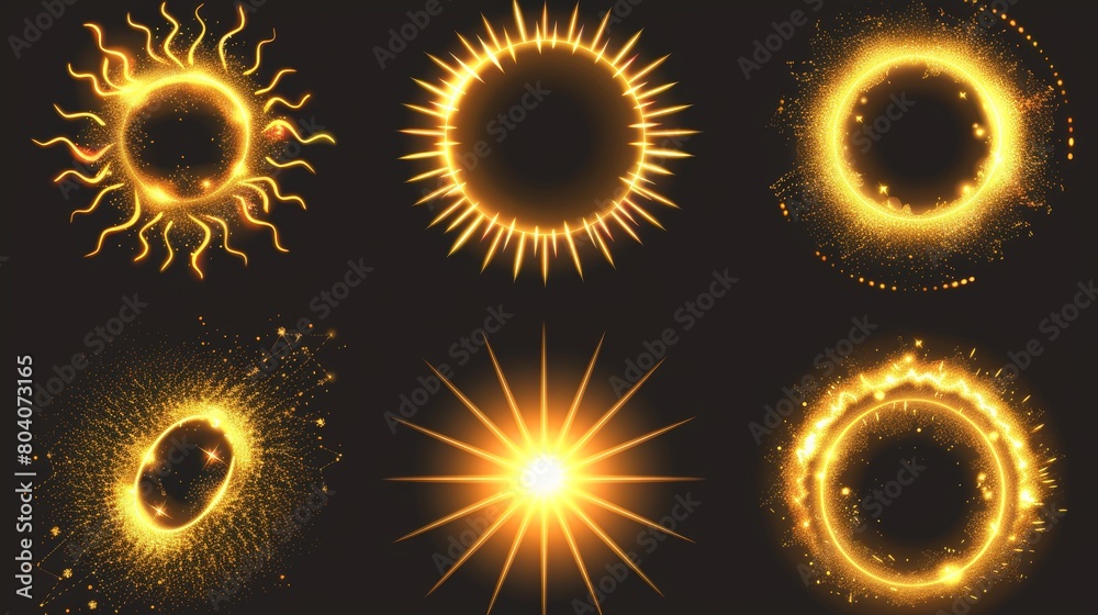 Starburst flare on black background with gold explosion of light rays ...