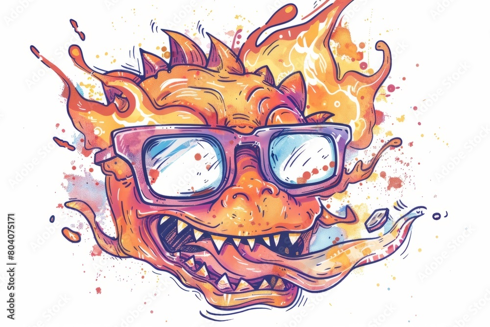 Cartoon cute doodles of a kaiju wearing oversized glasses, accidentally ...