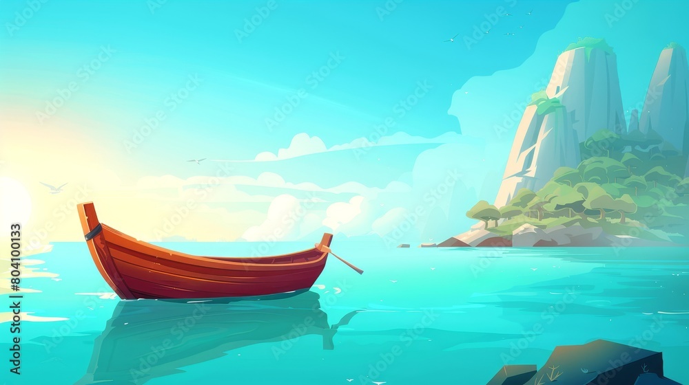 2D landscape background with wooden boat and one skiff in early morning ...