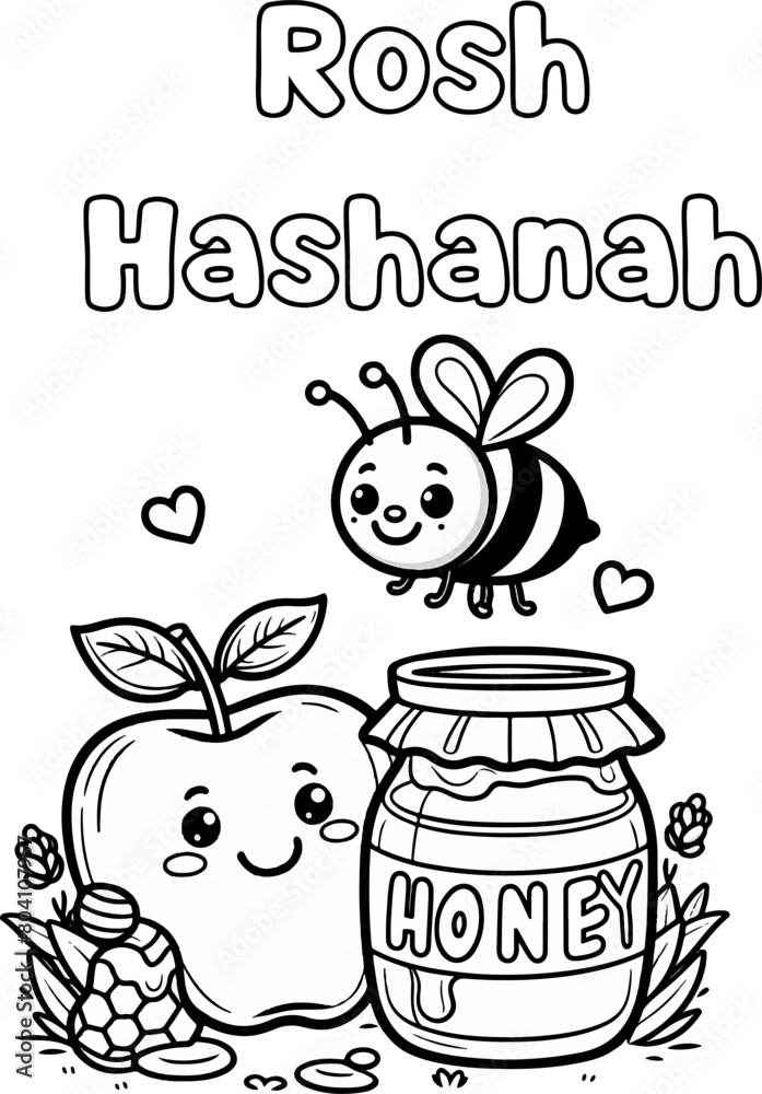 Rosh Hashanah Coloring Page – Bee, Apple, Honey, Jewish New Year Symbols – Black and White ...