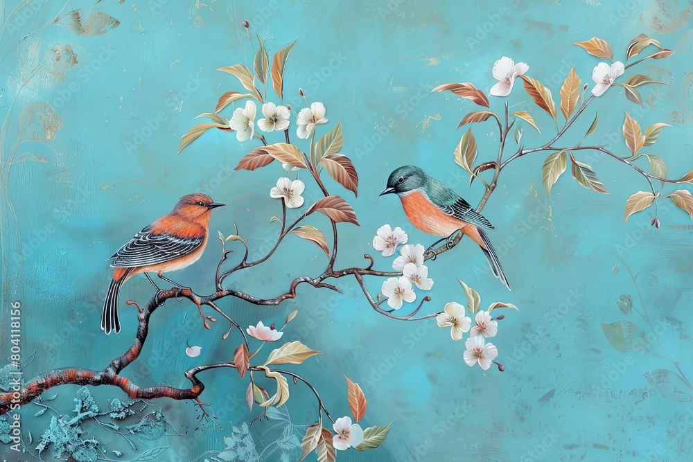 Vertical Autumn Birds Oil Painting: Two Birds with White Flowers on ...