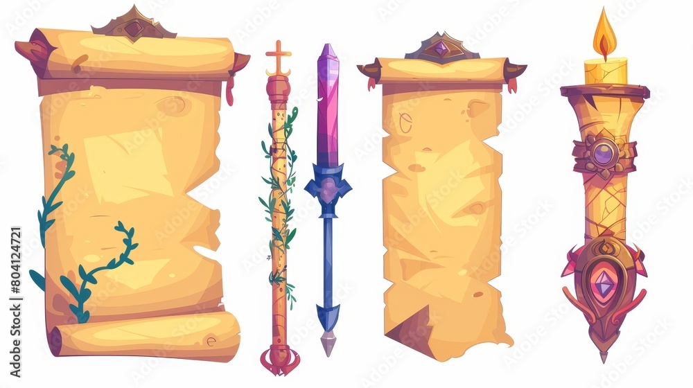 UI game icon drawing with parchment for old treasure or letter. Set of ...