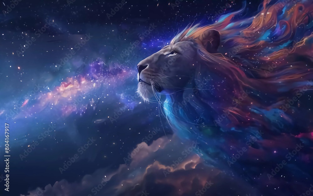 lion with colorful energy, digital art style, illustration painting ...