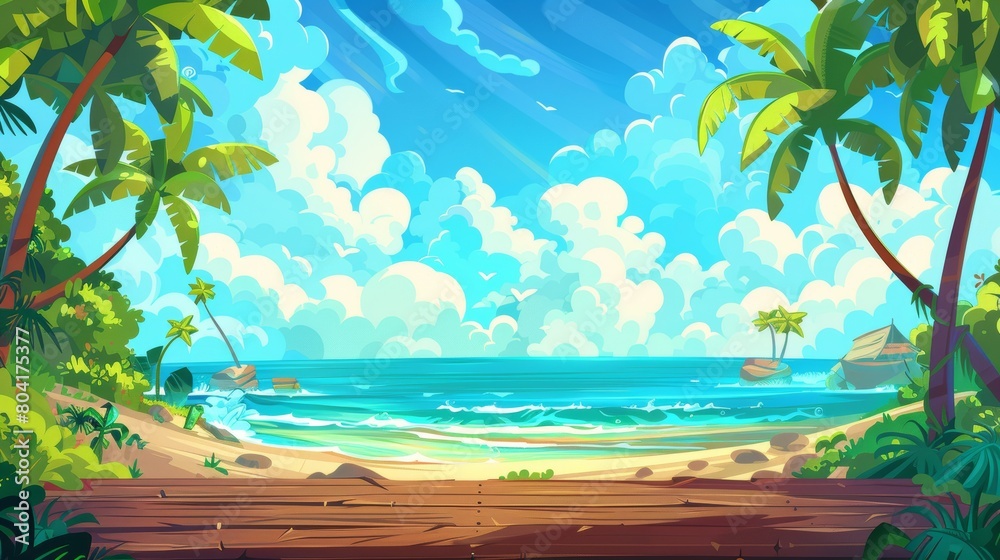 Beach view from wooden plank, table top, or terrace. Exotic island in ...