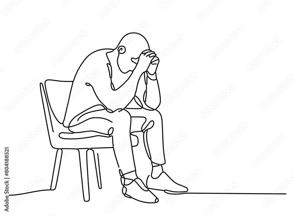 Continuous one line drawing of a sad man sitting on a chair and crying ...