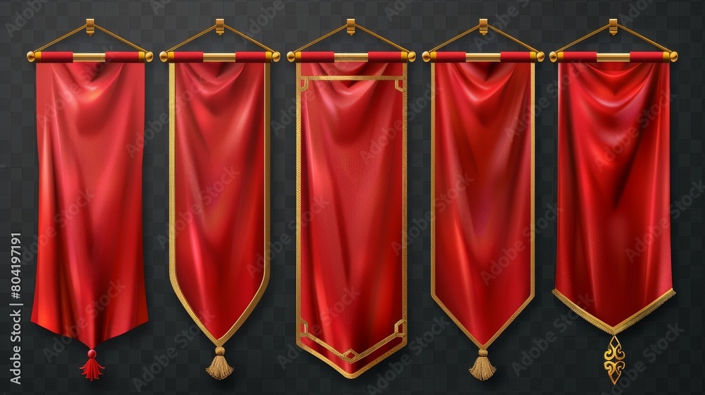 Vintage red and gold flags with gold borders, hanging royal banners ...