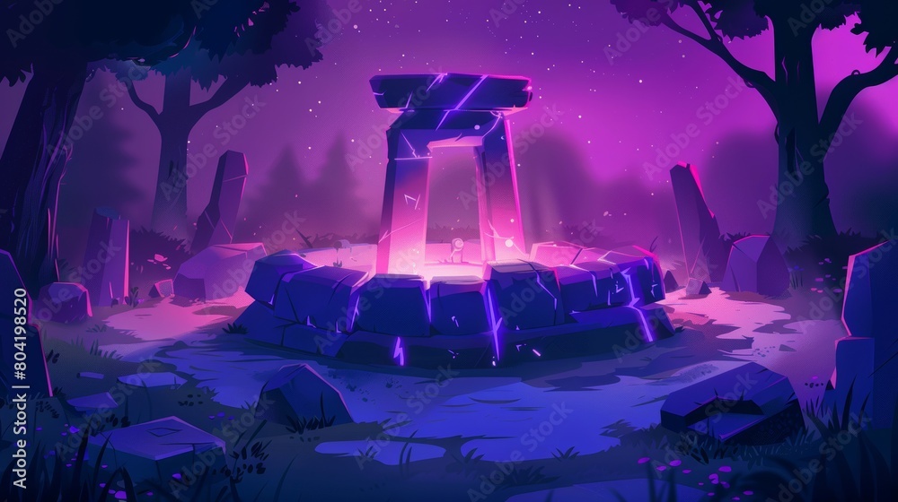 An arena of stone battles with runes at night in a dark forest cartoon ...